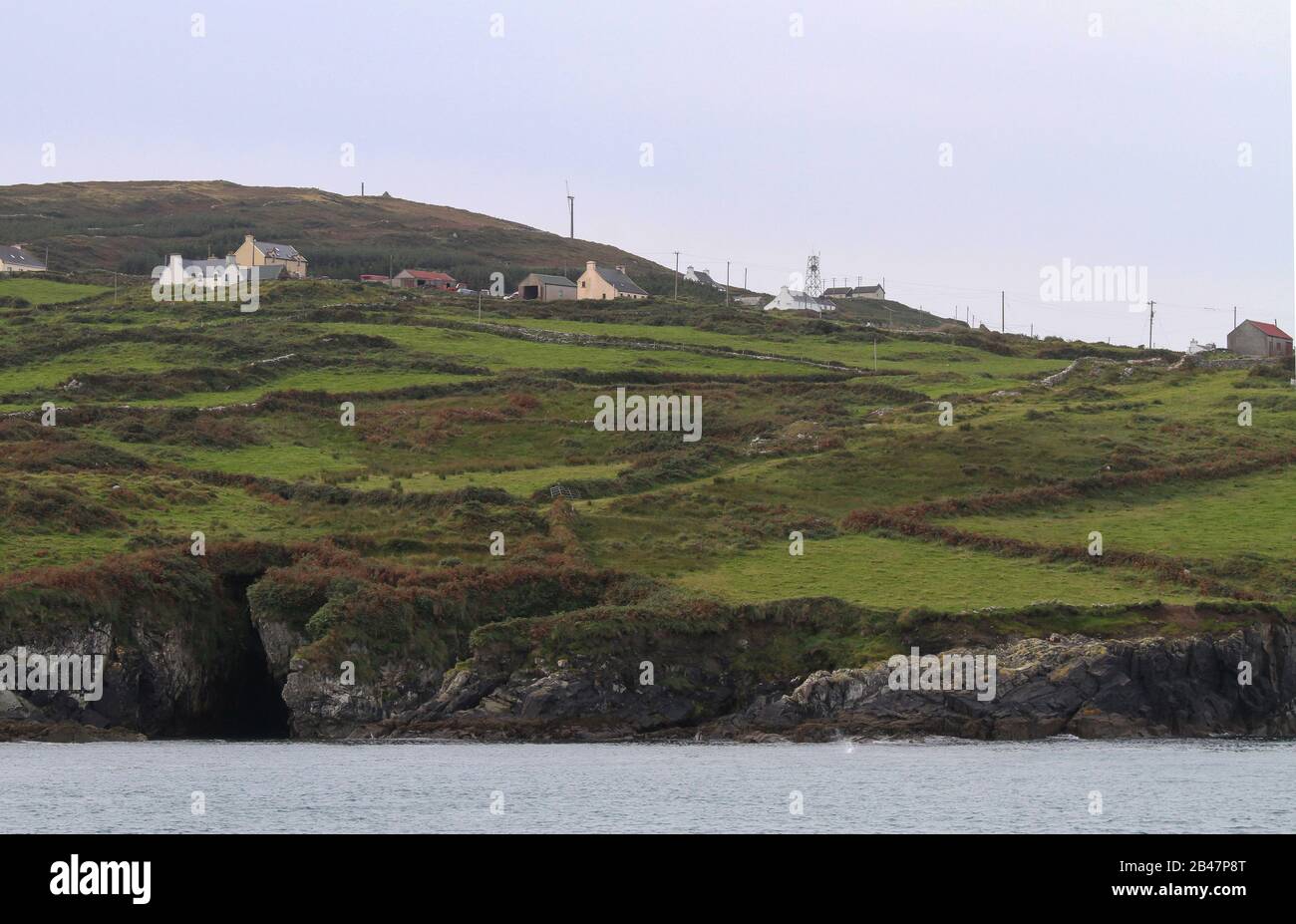 Houses and farmland forming part of the coastal community on Cape Clear ...