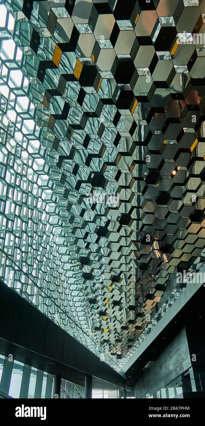 Europe ,Iceland, Reykjavik, glass ceiling in the Harpa Concert Hall ...