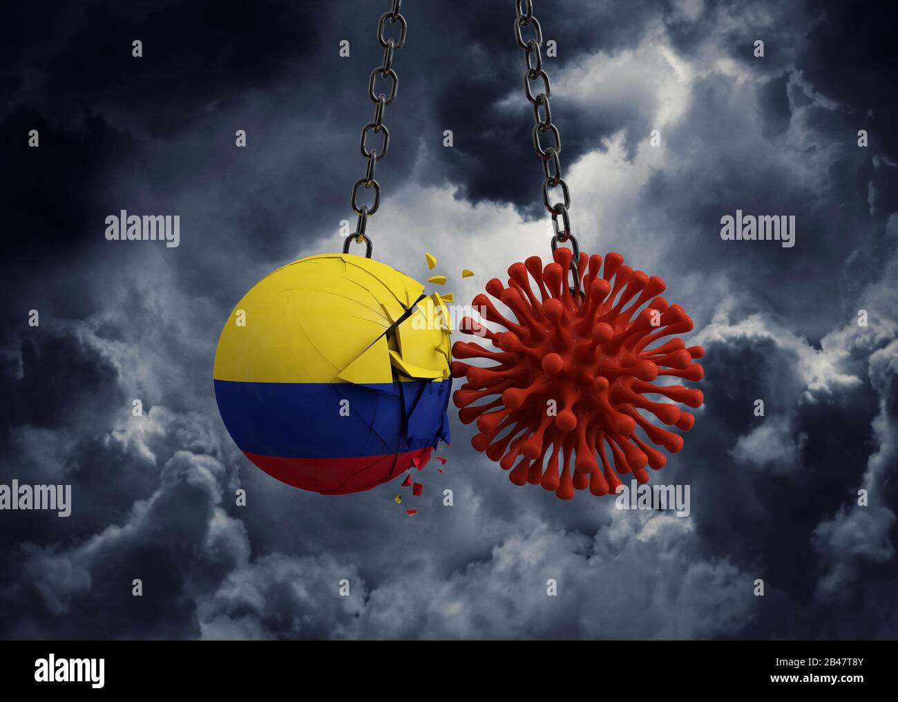 Colombia ball smashes into a virus disease microbe. 3D Render Stock ...