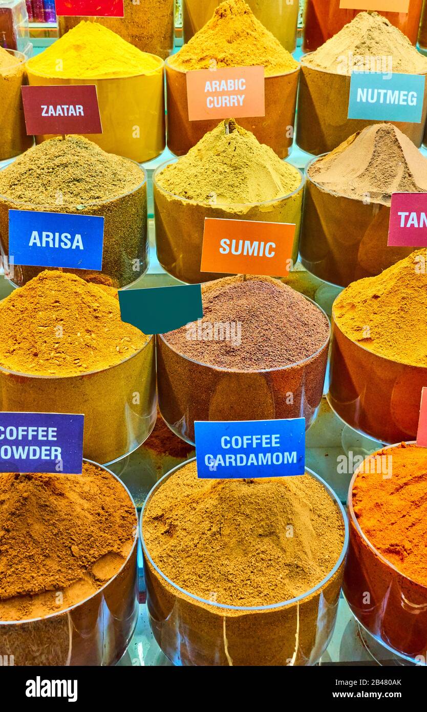 Various oriental seasoning of different colors at spice market Stock ...
