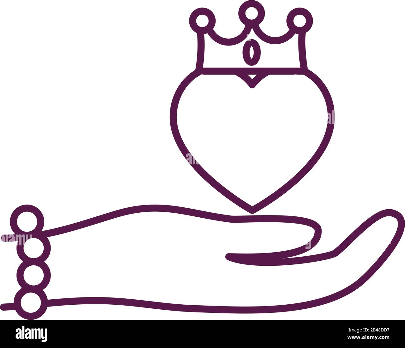 Heart with crown over hand line style icon design of love passion ...