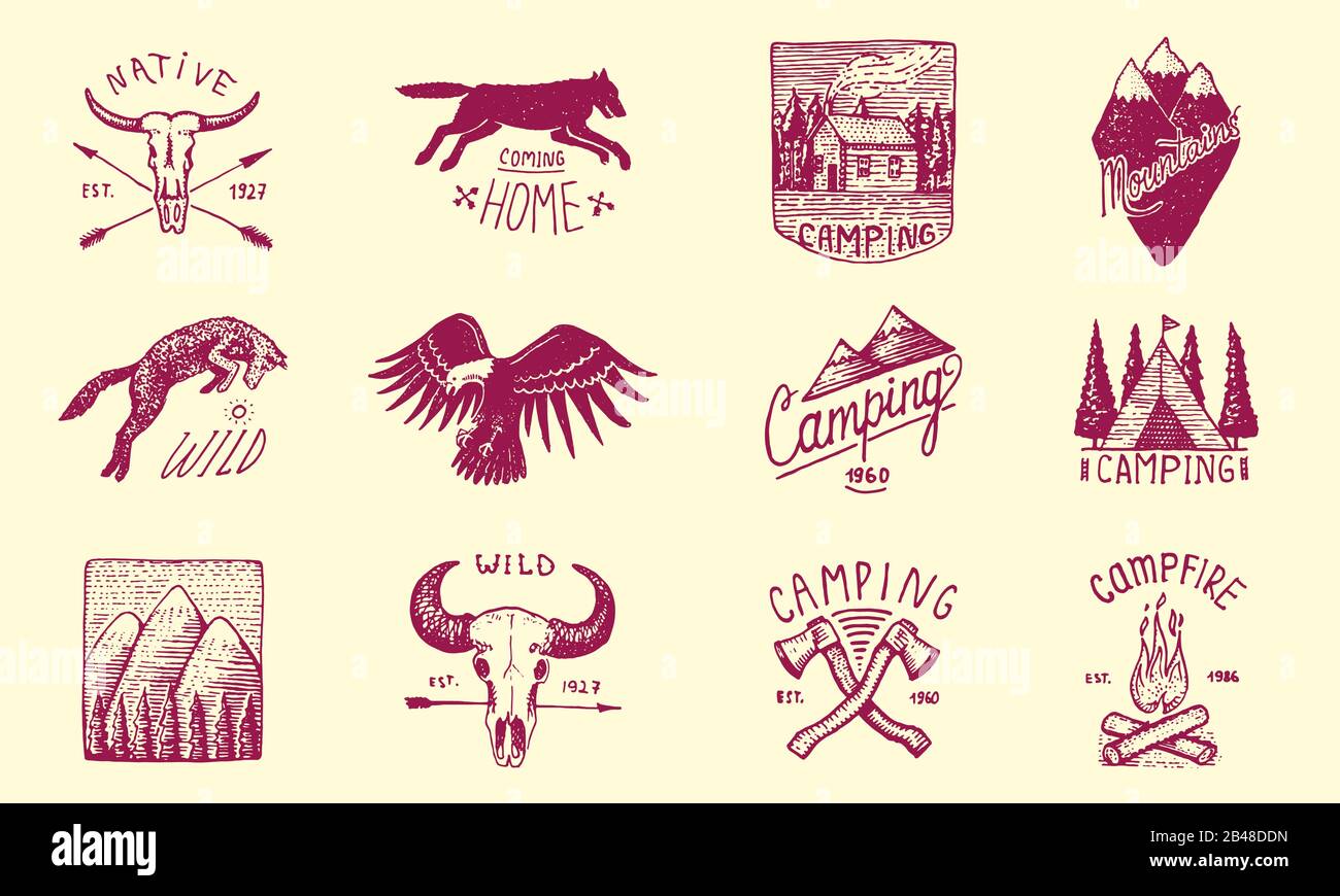 Set of camping labels or badges. Hiking or hunting emblems and outdoor ...