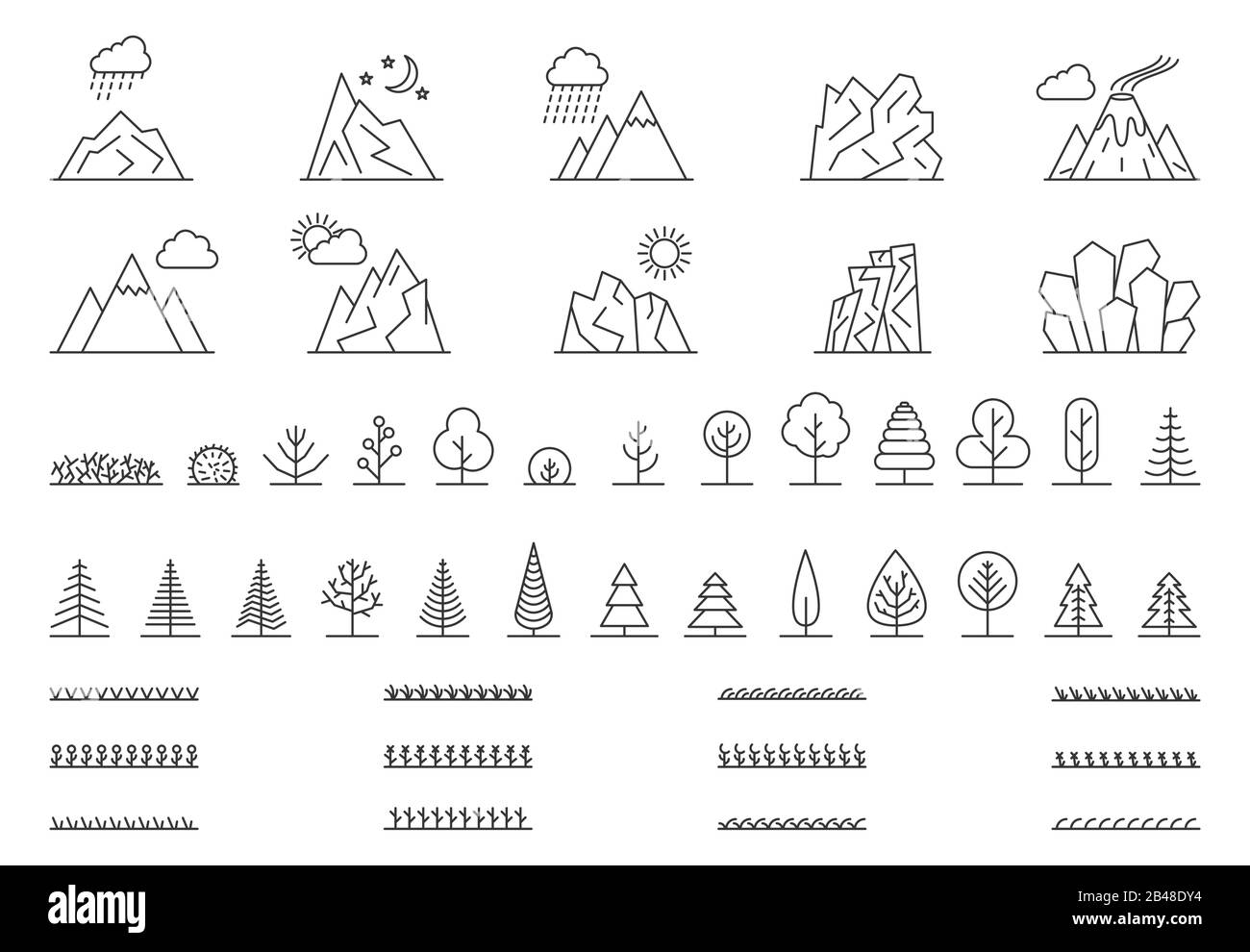 Big set of linear nature icons. Landscape related outline icons. Black ...