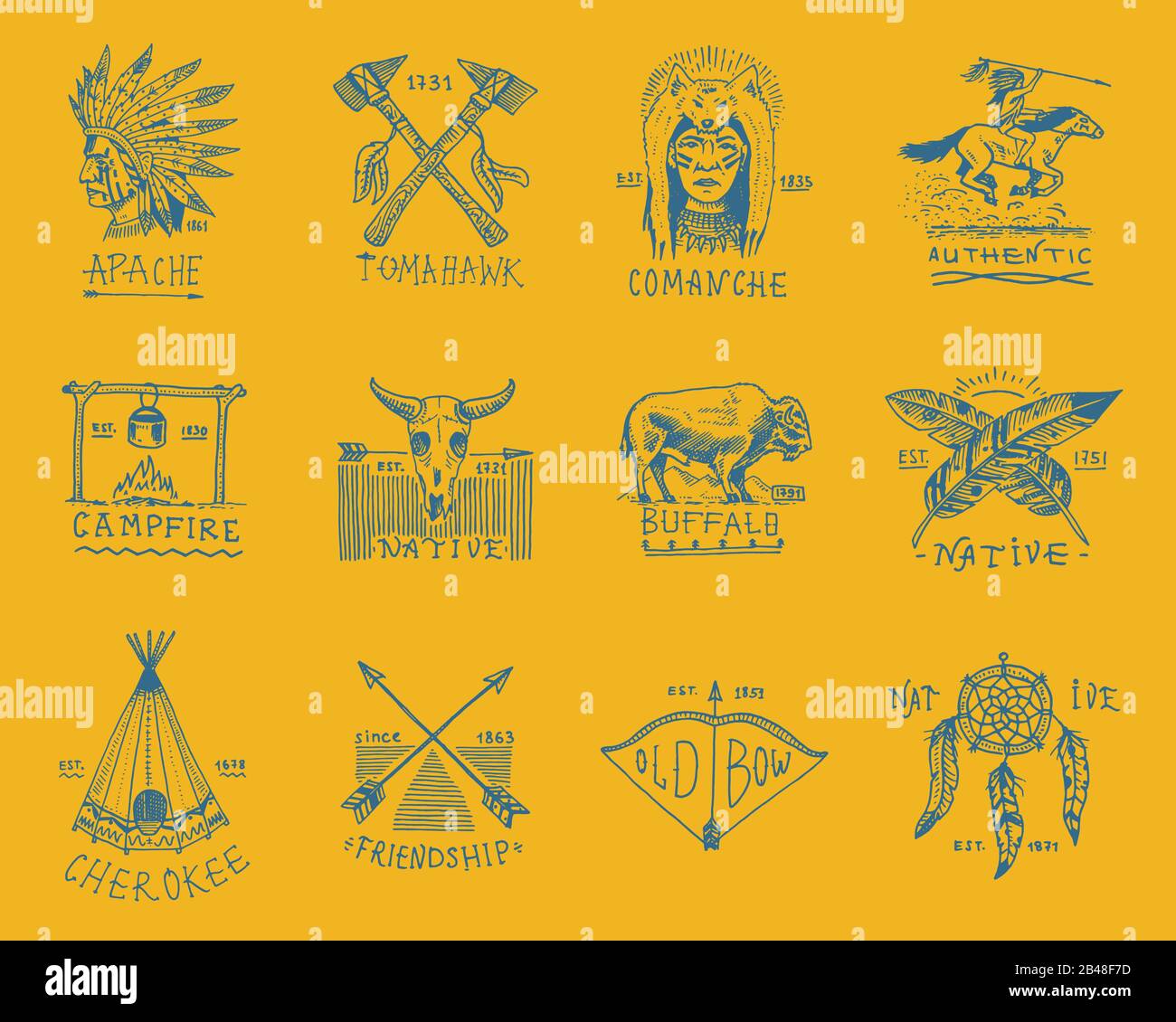 Indian badges and native american labels. Set of elements. Hand drawn ...