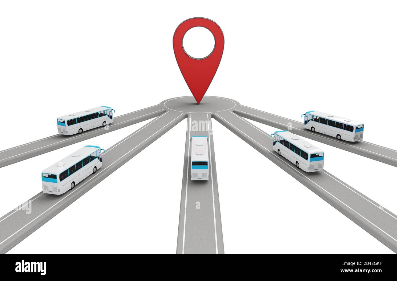 group of buses rides in one destination. 3d rendering Stock Photo - Alamy