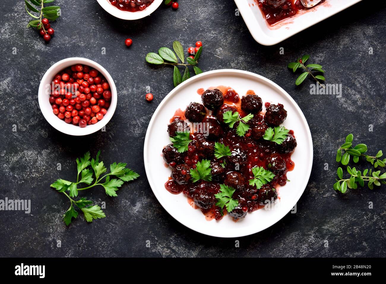 Stewed meatballs in sweet berry sauce. Meatballs with cranberry sauce ...