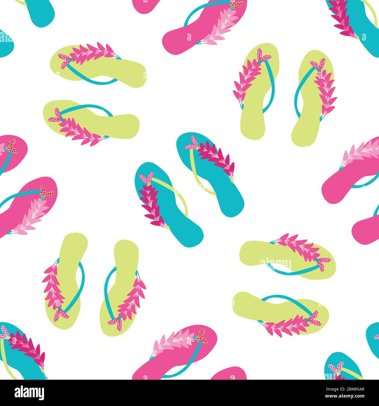 Flip flop shoe on beach seamless vector pattern background. Elegant sandals and flowers ...