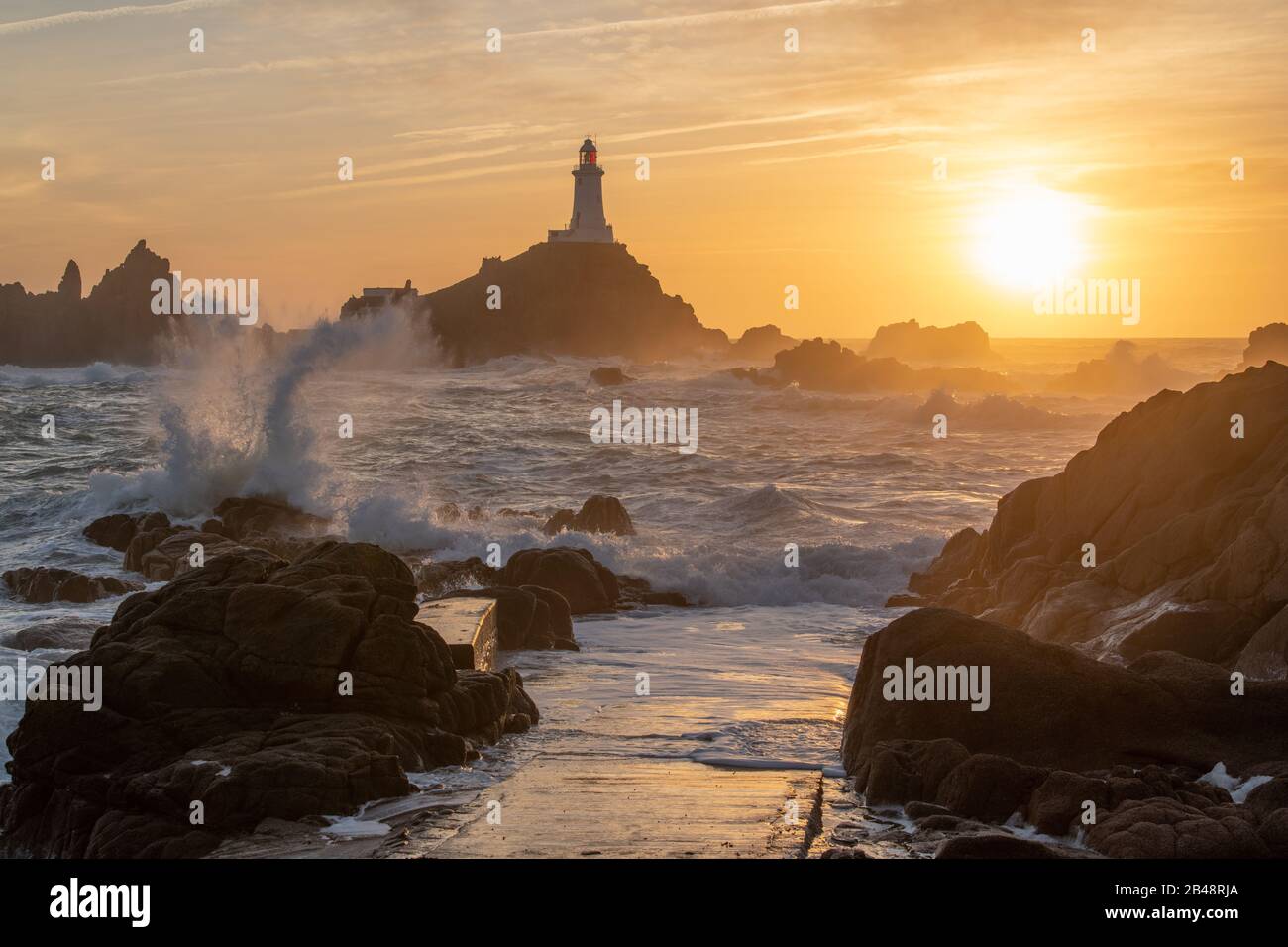 Corbiere Lighthouse, Jersey, Channel Islands. Looking down slipway ...