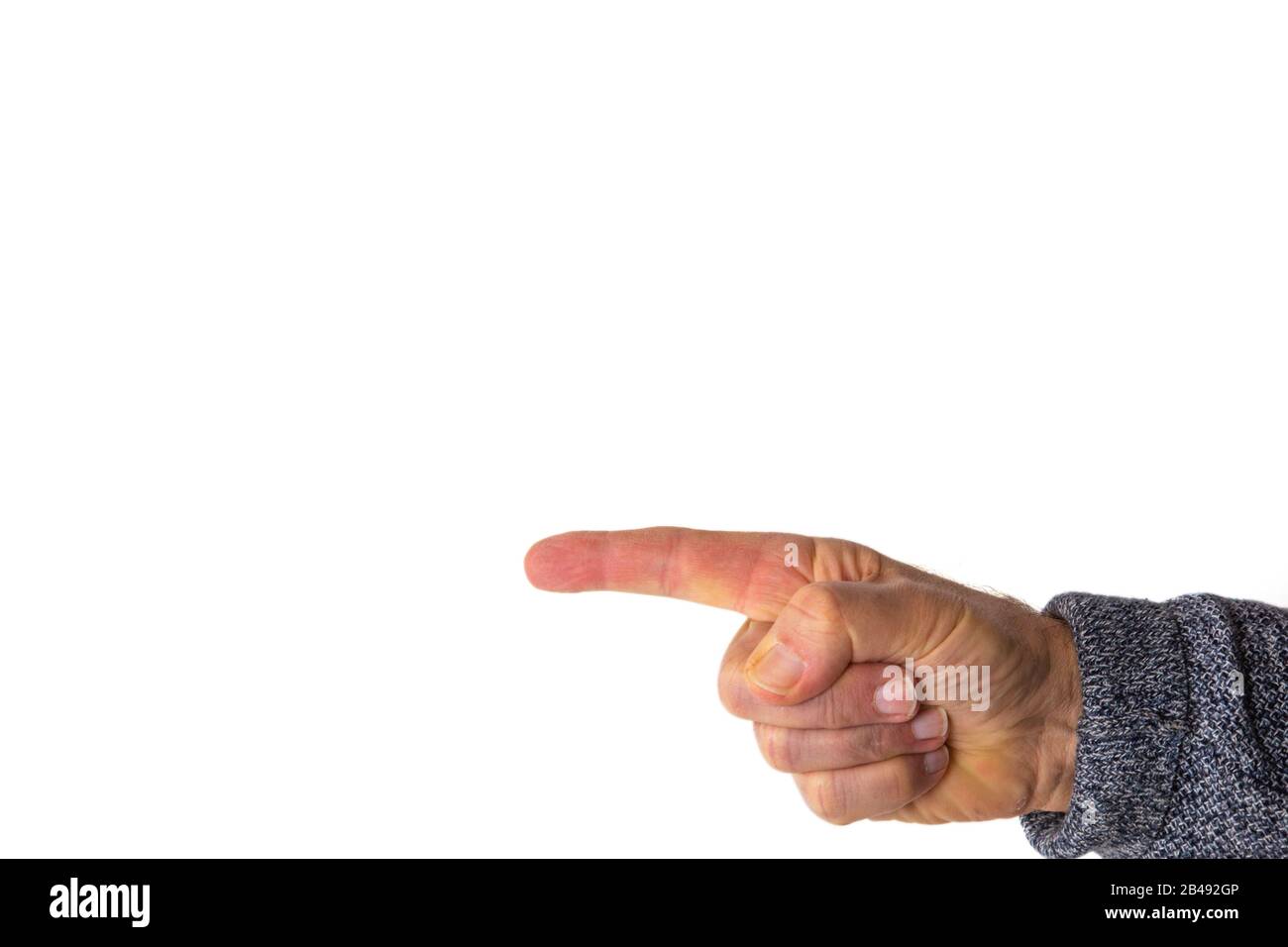 right hand of a man in a sweater flecked with gray with streched out ...