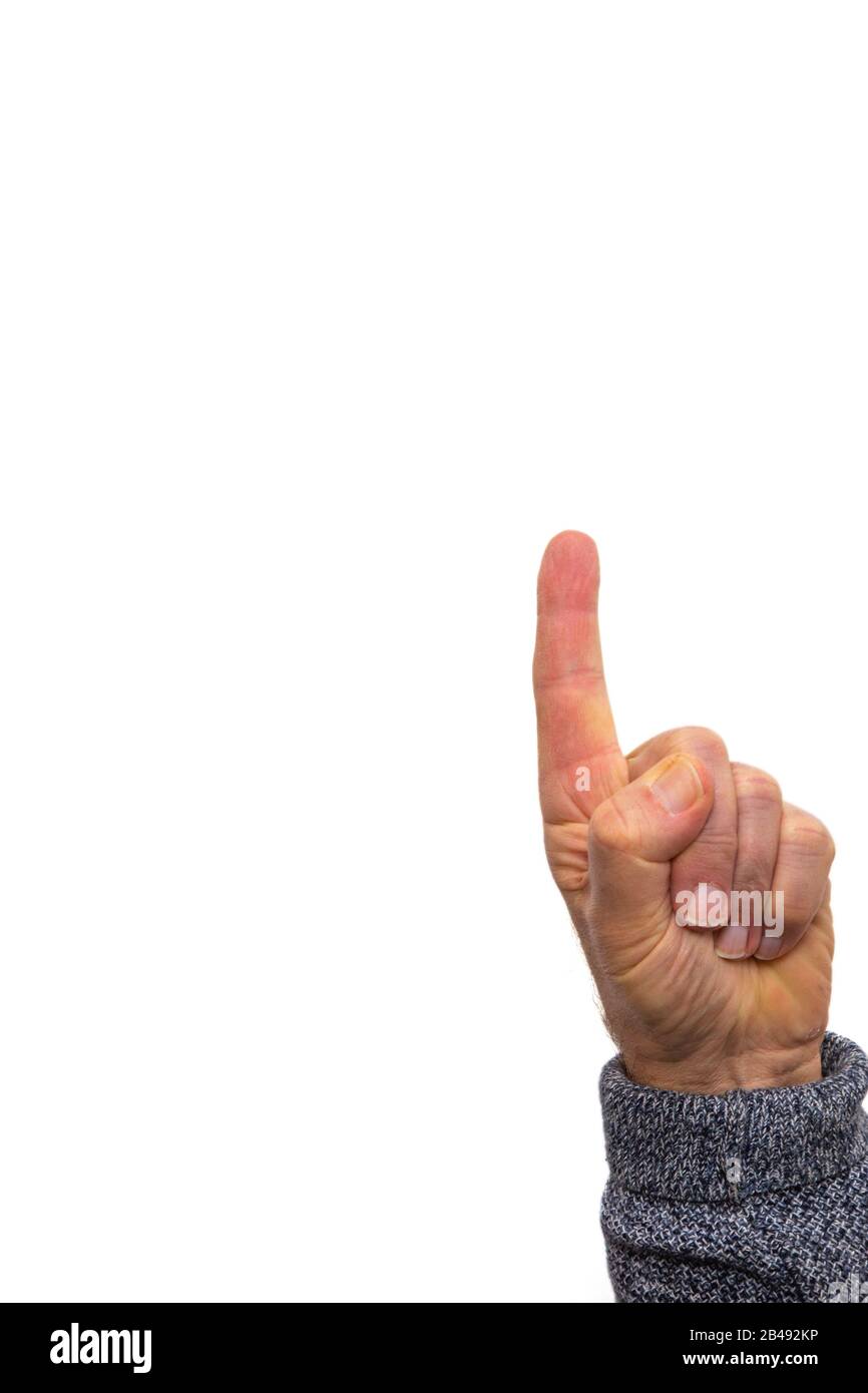 right hand of a man in a sweater flecked with gray with streched out ...