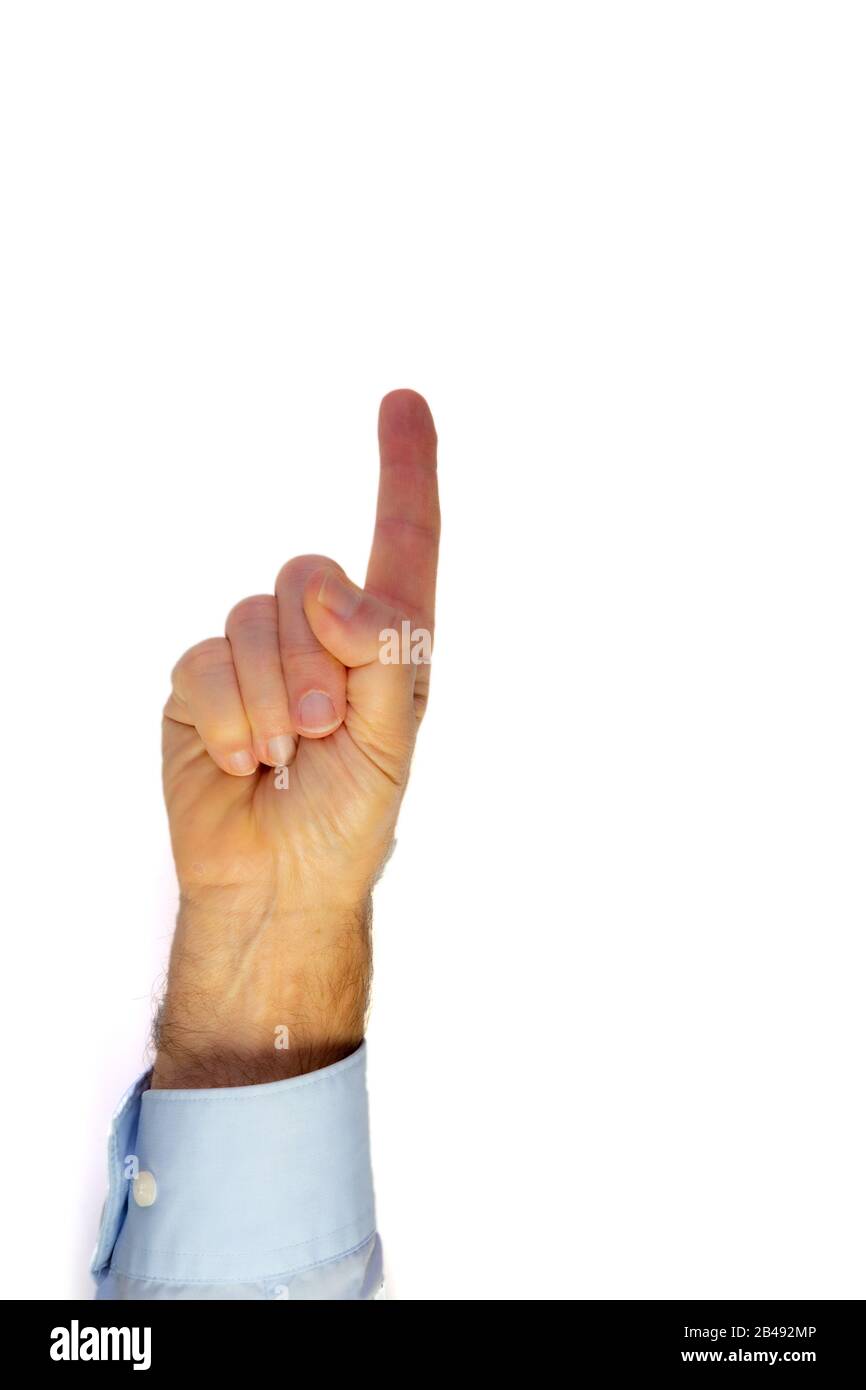 right hand of a man in light blue business shirt with streched out ...