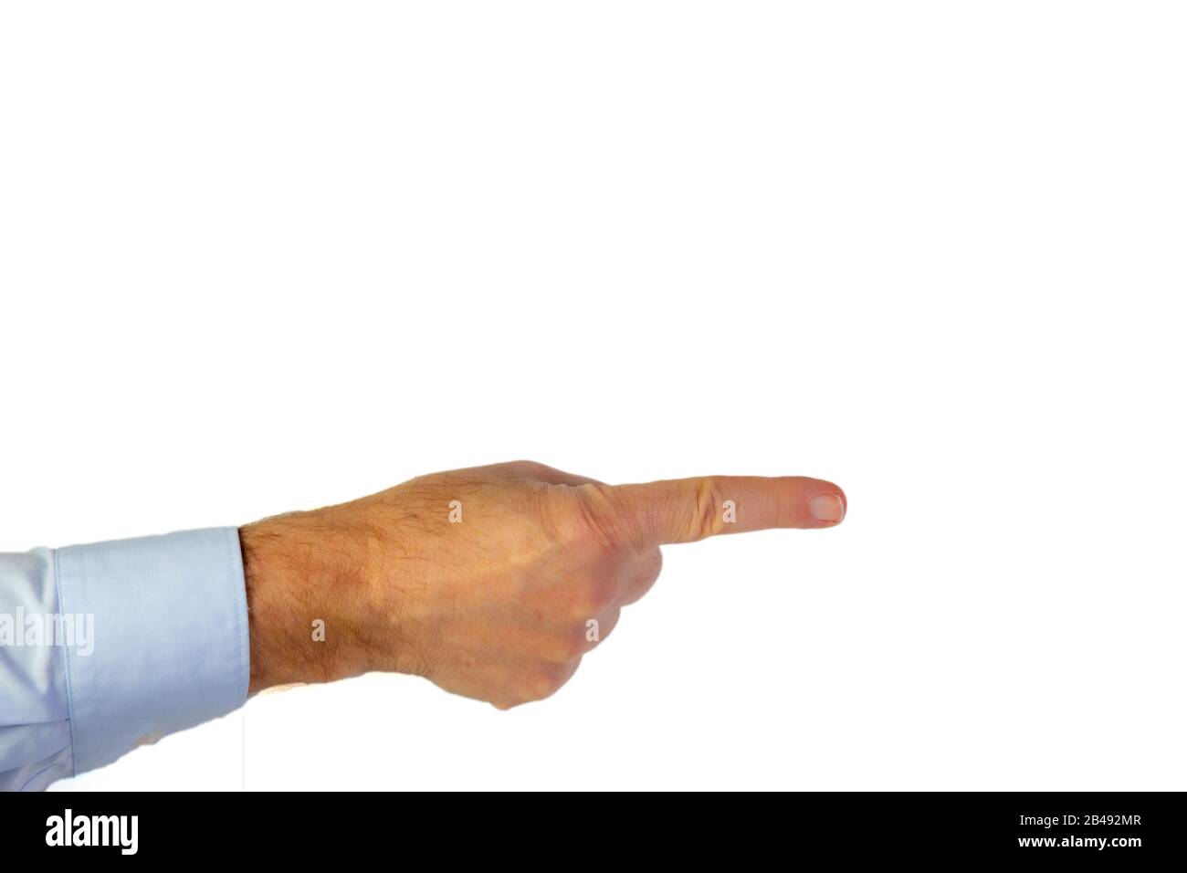 left hand of a man in light blue business shirt with streched out ...