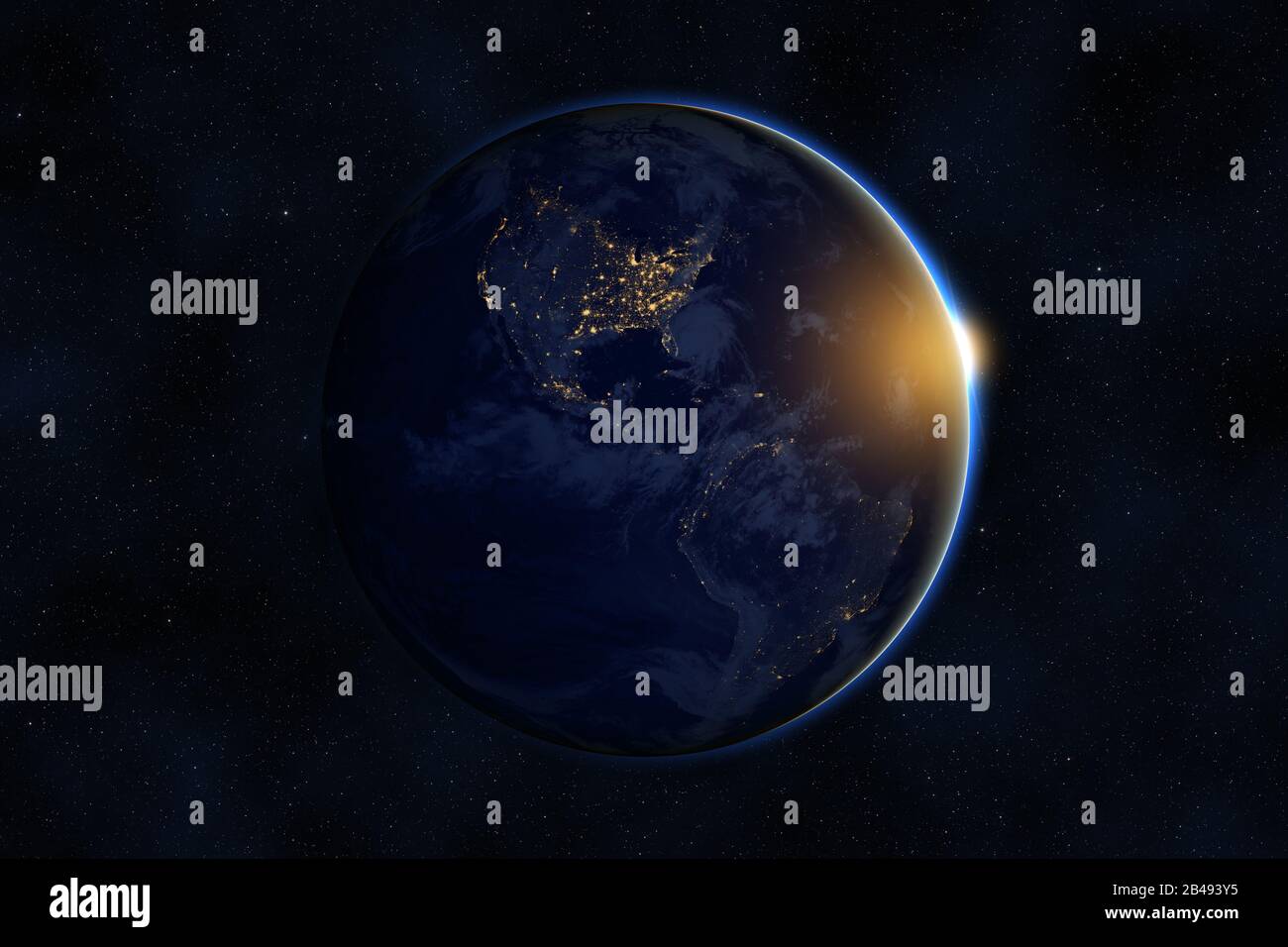 Sunrise over planet Earth against dark starry sky background, elements ...