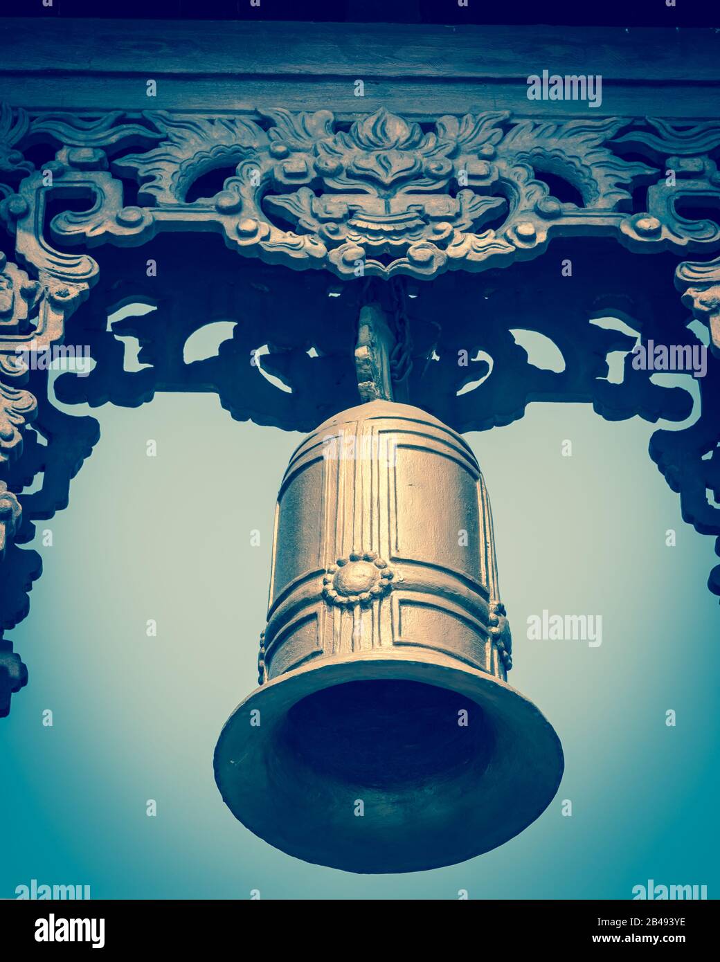 Typical bell tower outdoor instrument under clear blue sky in Vietnam ...