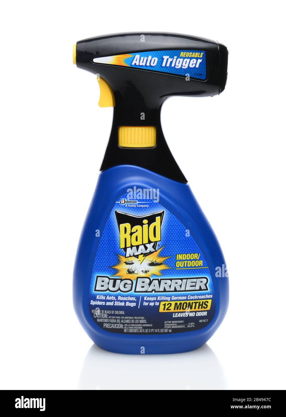 IRVINE, CA - SEPTEMBER 15, 2014: A bottle of Raid Max Bug Barrier. Raid ...