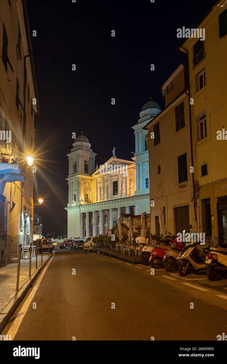 Night scene in the old town of Imperia, seaside city on the Italian ...
