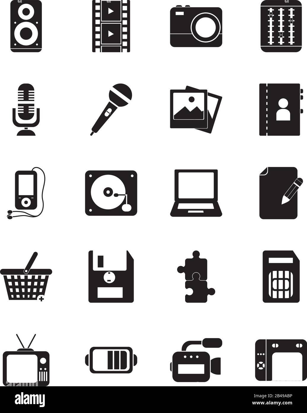 silhouette style icon set design, multimedia technology internet ...