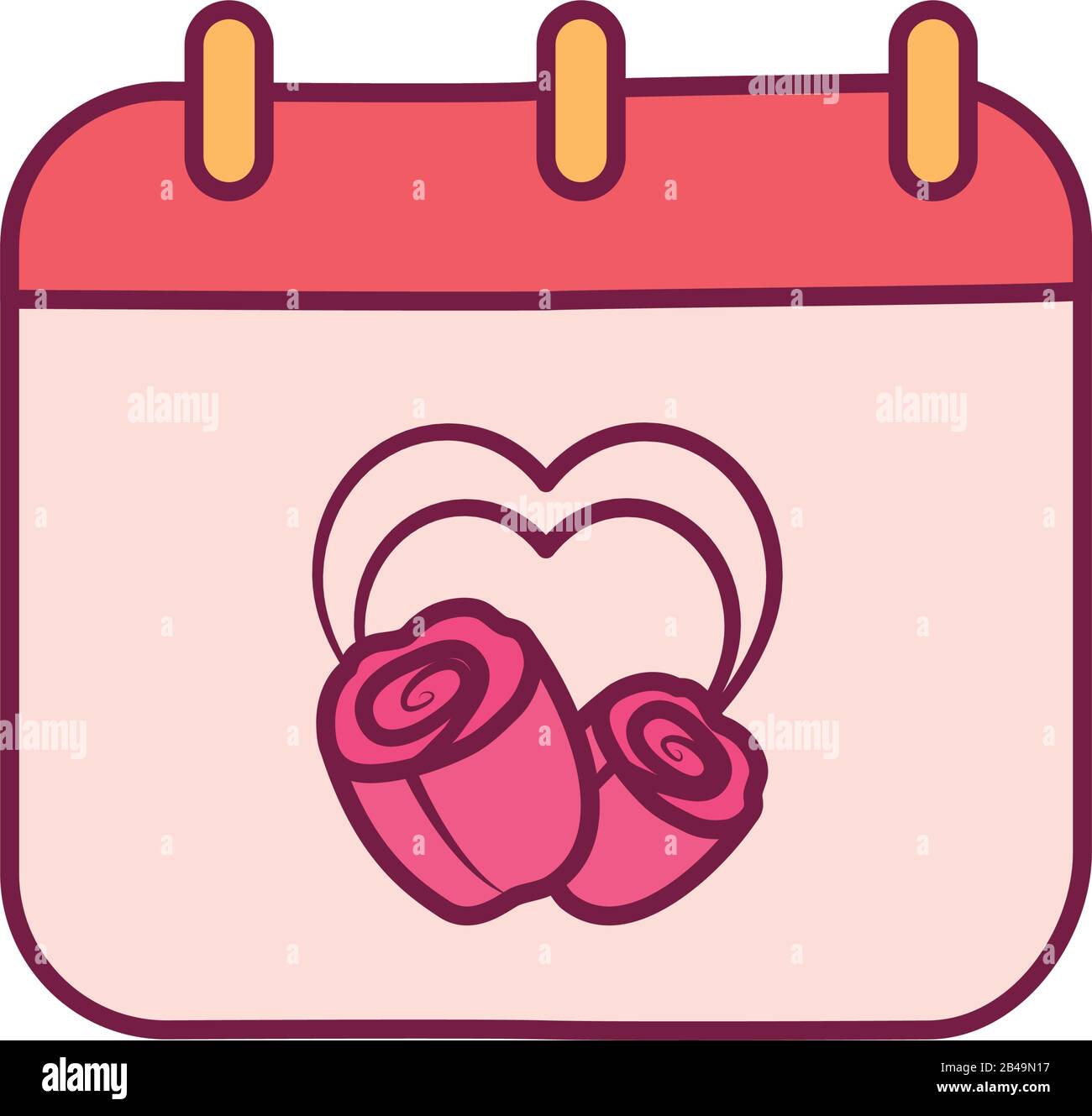 Heart and roses inside calendar line and fill style icon design of love ...