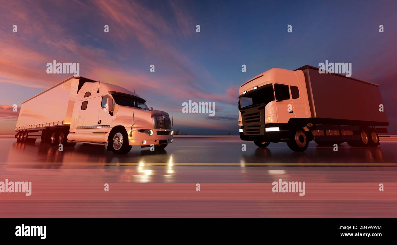 Two trucks on the road. Transports, logistics concept. 3d rendering ...