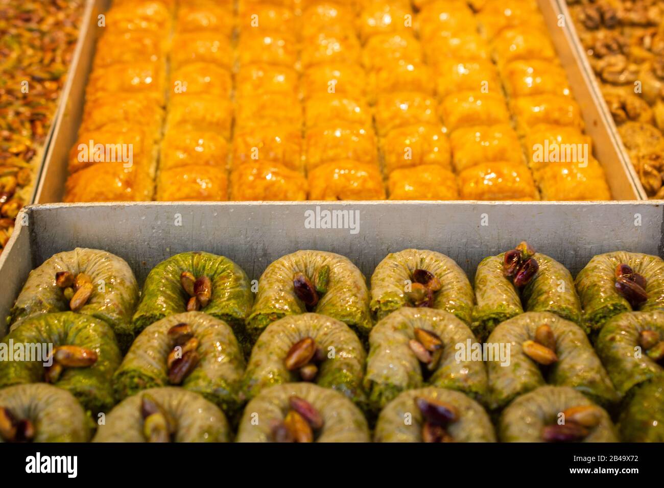 Traditional Turkish dessert Baklava in tray from Istanbul Turkey Stock ...