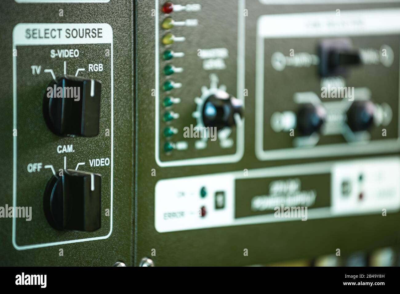 Closeup green panel of television equipment at a telecentre. Motion ...