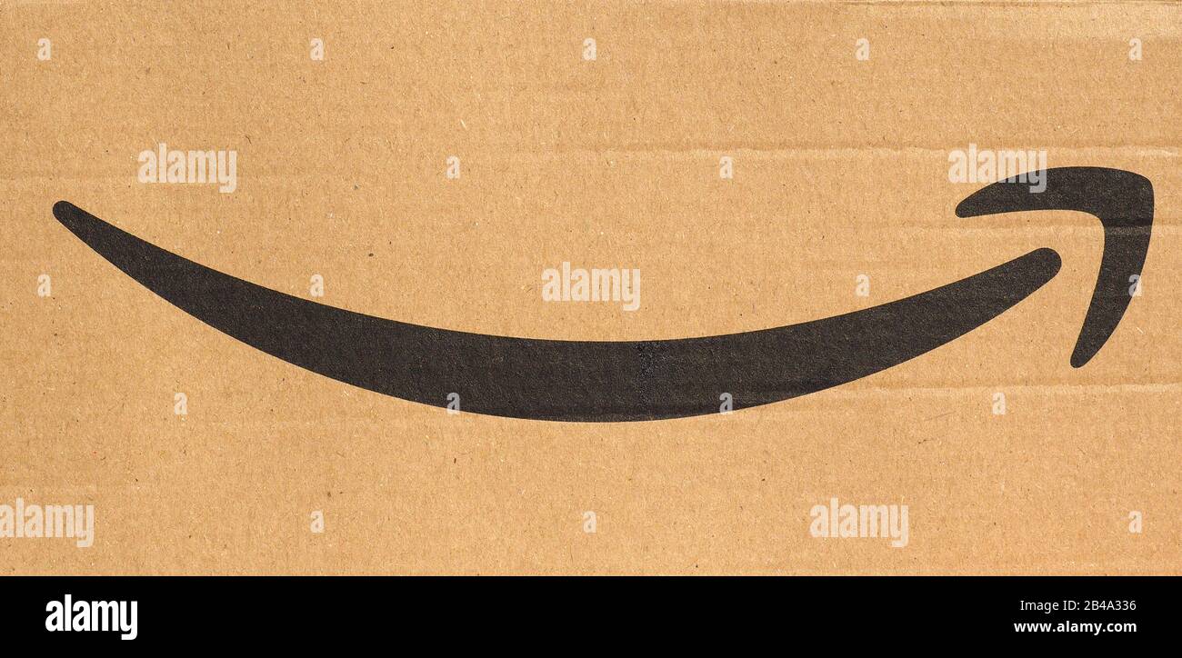 SEATTLE, USA - CIRCA JANUARY 2020: Amazon sign on cardboard packet ...
