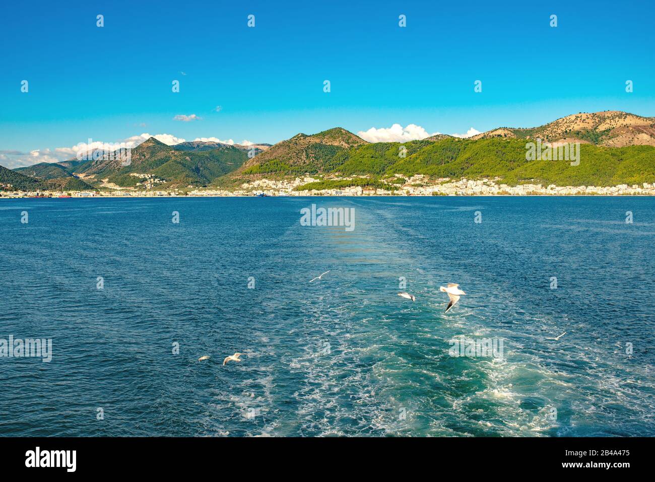 Amazing sealine with crystal clear water, trail after boat, Greece ...