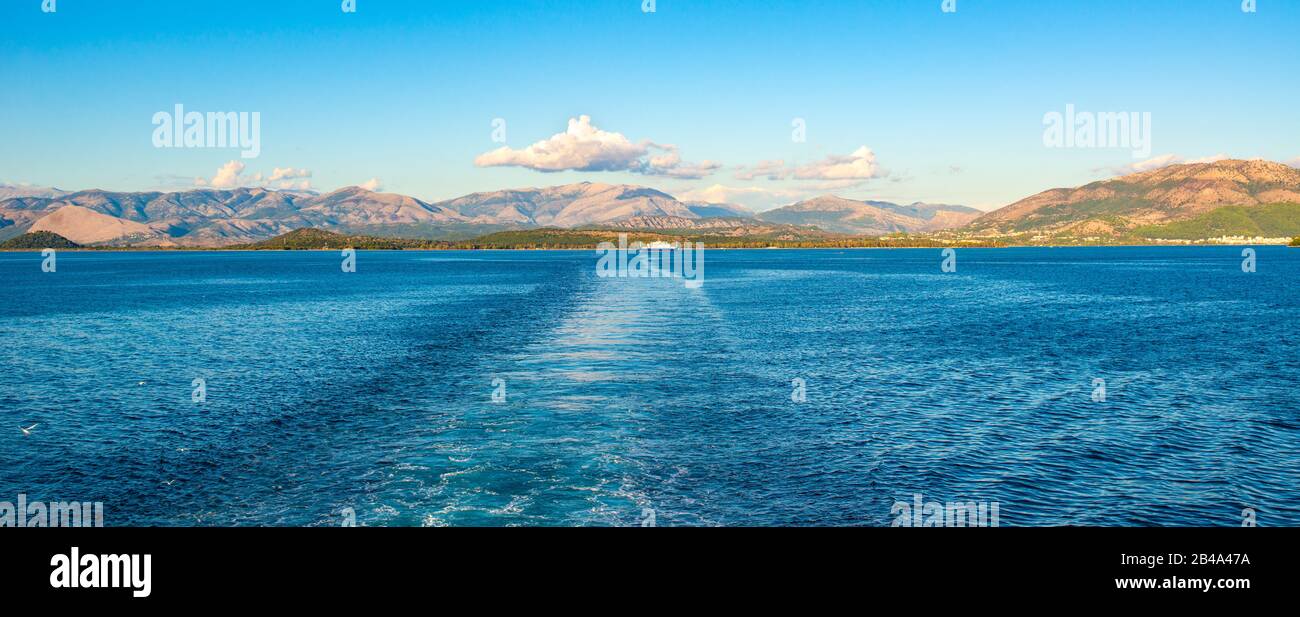 Amazing sealine with crystal clear water, trail after boat, Greece ...