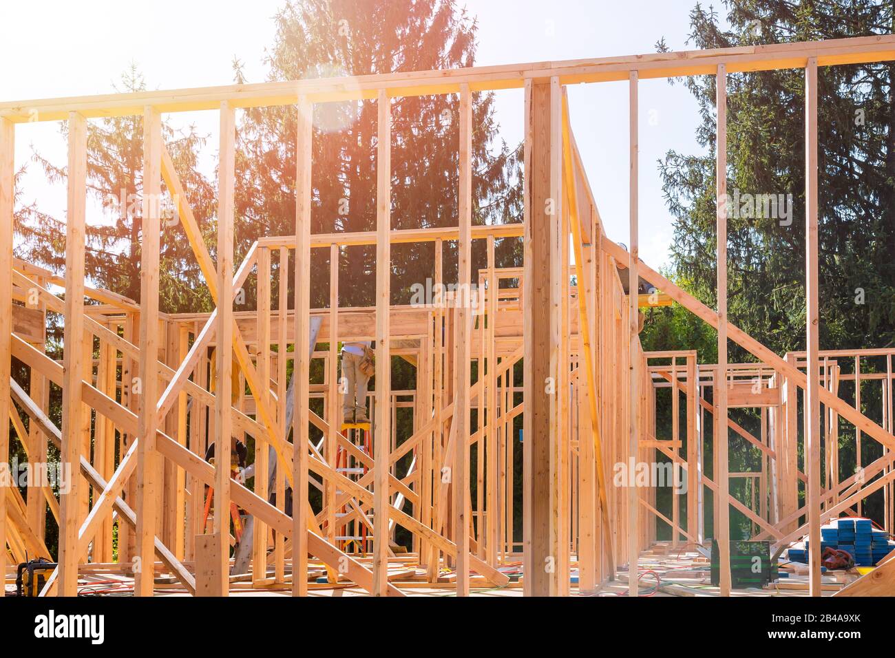 Wood building frame structure on a new development framing of a new ...