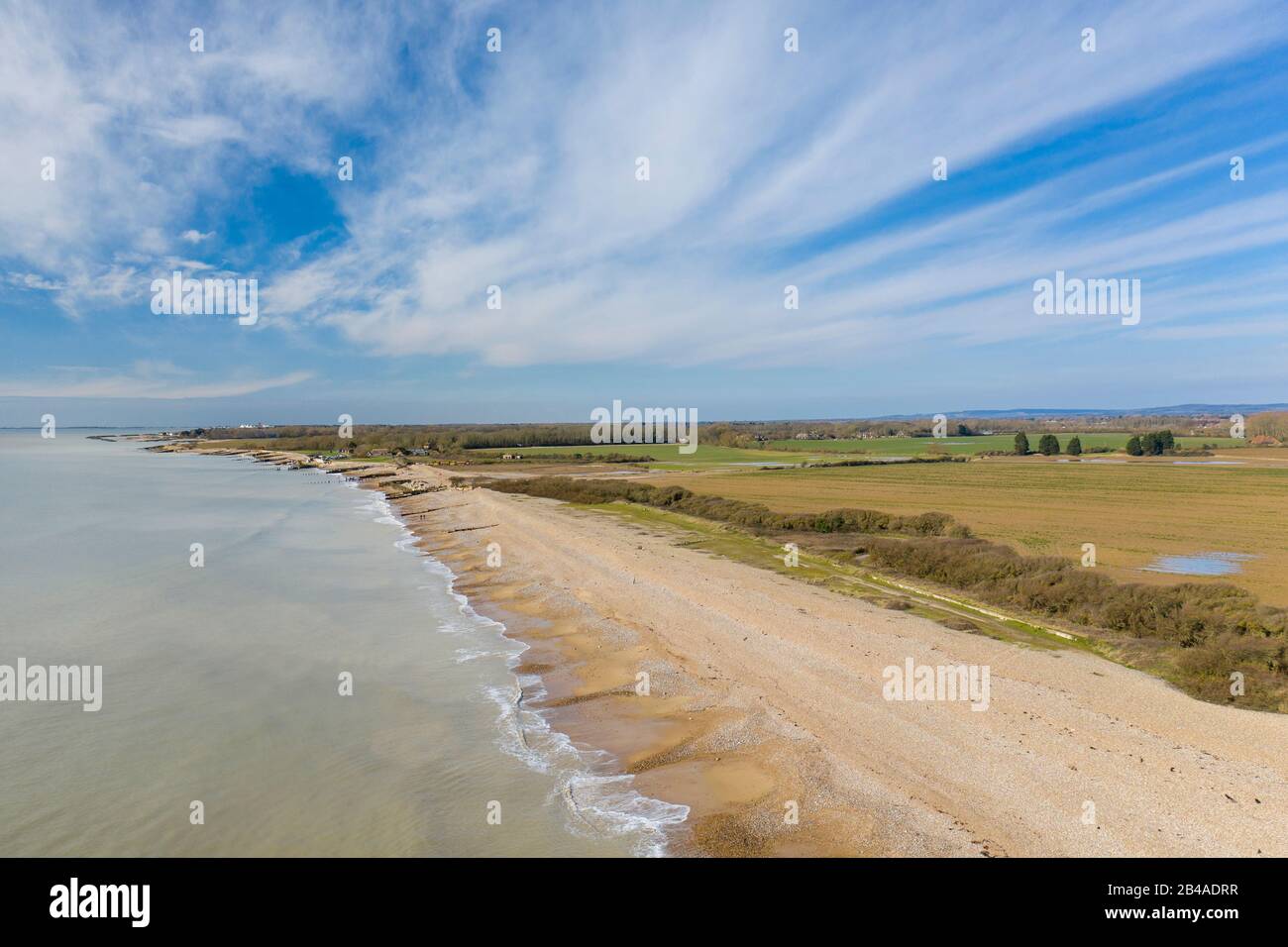 Aerial view of West Beach Littlehampton looking west on a clear and ...