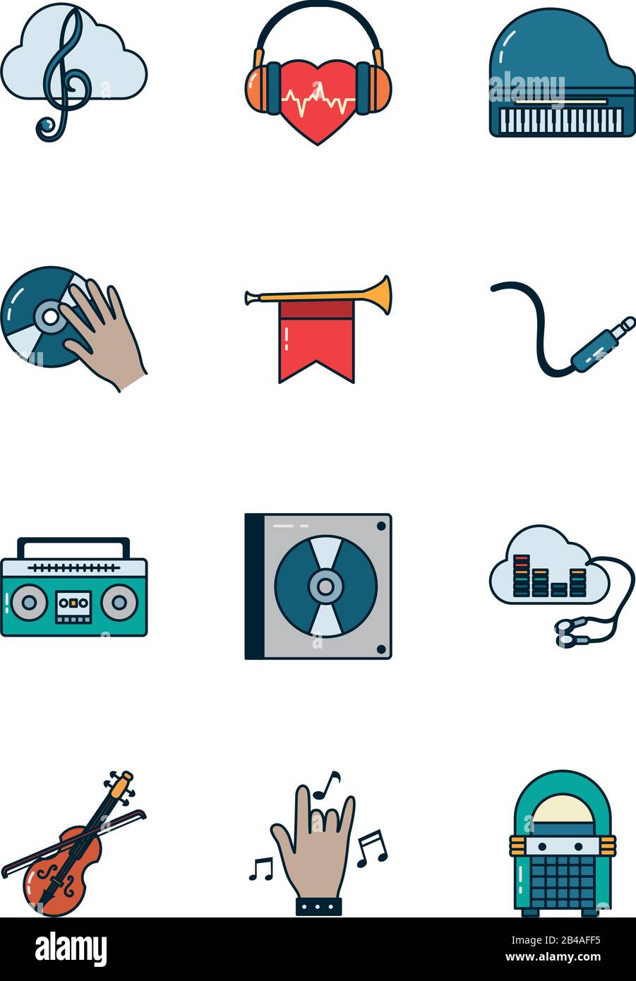 line and fill style icon set design, Music sound melody song musical ...