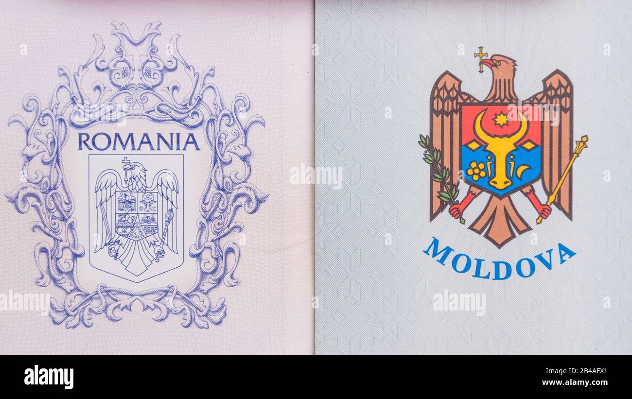 Dual citizenship concept. The Romanian and Moldovan passport. Coloseup ...