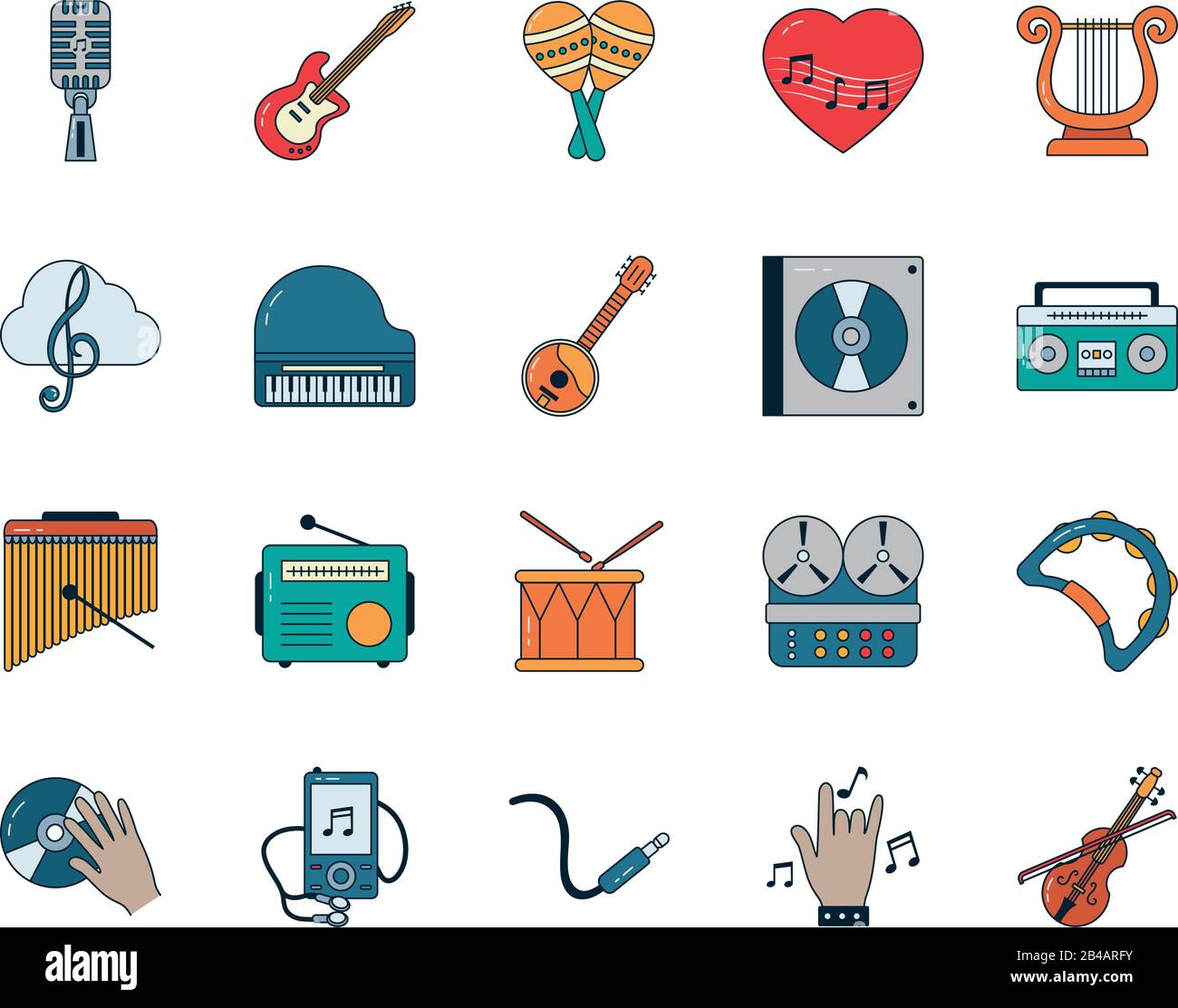 line and fill style icon set design, Music sound melody song musical ...