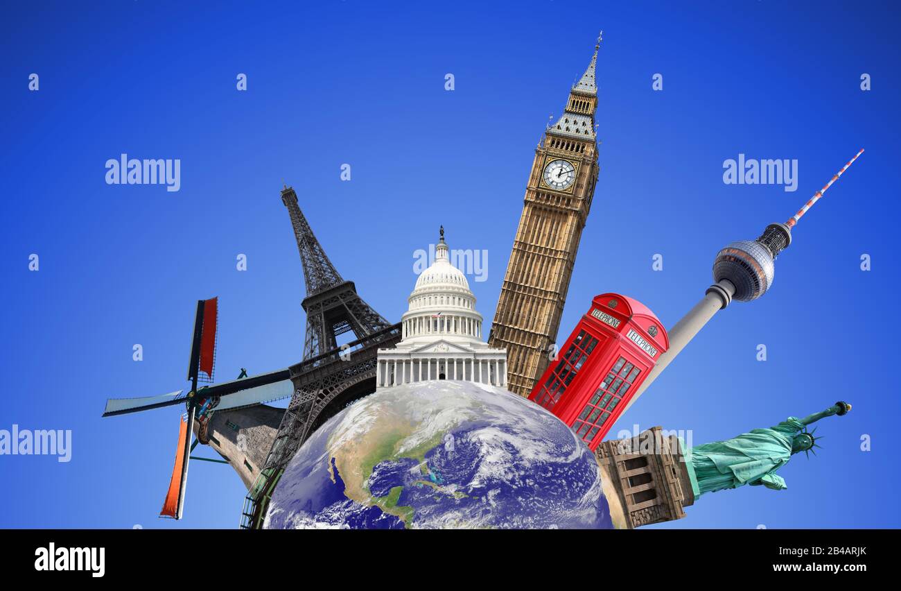 Planet Earth travel. Beautiful landmarks of the world together on the ...