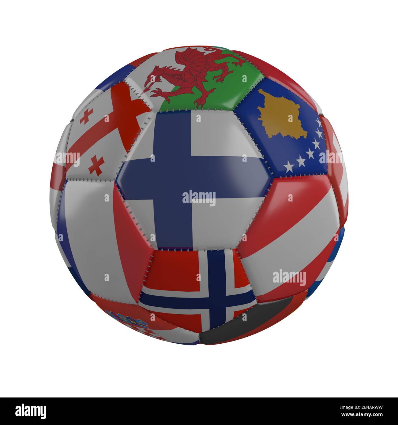 Finland flag on a soccer ball with flags of European states on a white ...