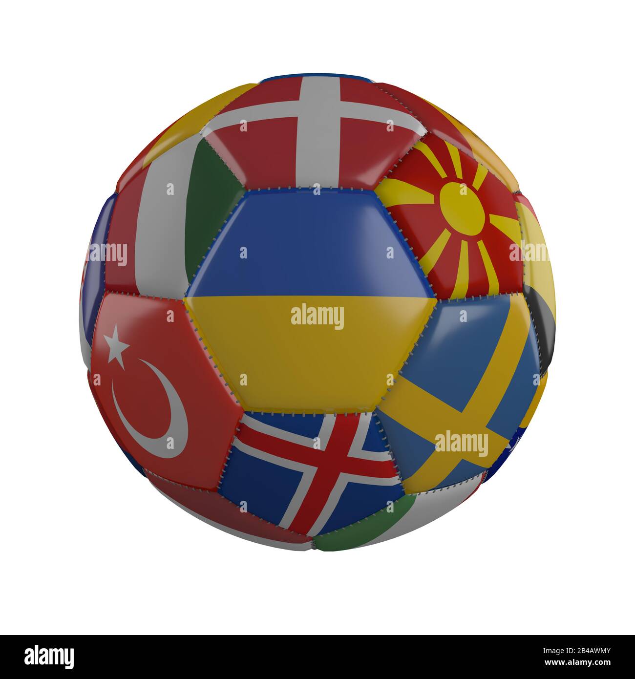 Ukraine flag on a soccer ball with flags of European states on a white ...
