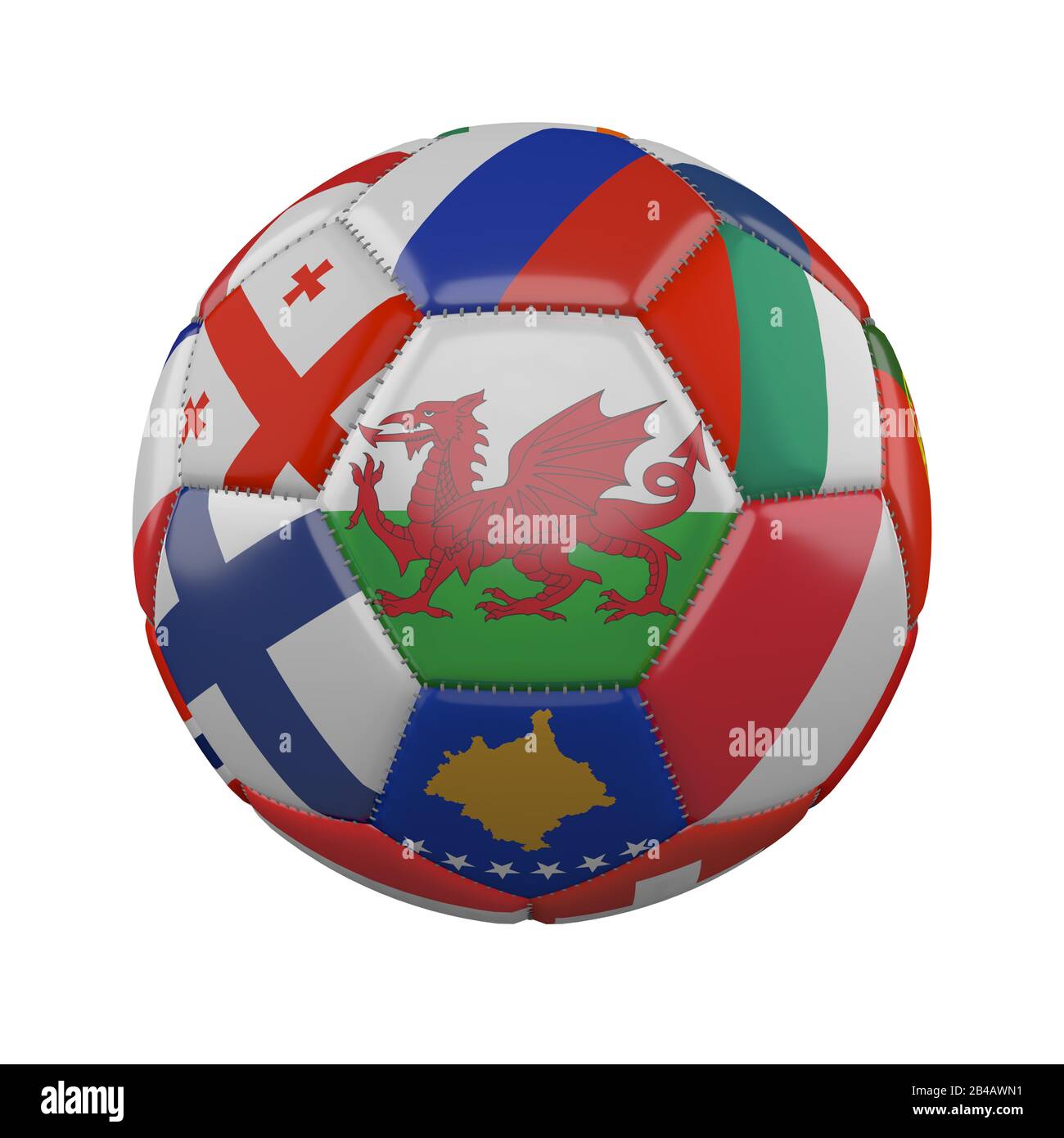 Wales flag on a soccer ball with flags of European states on a white ...