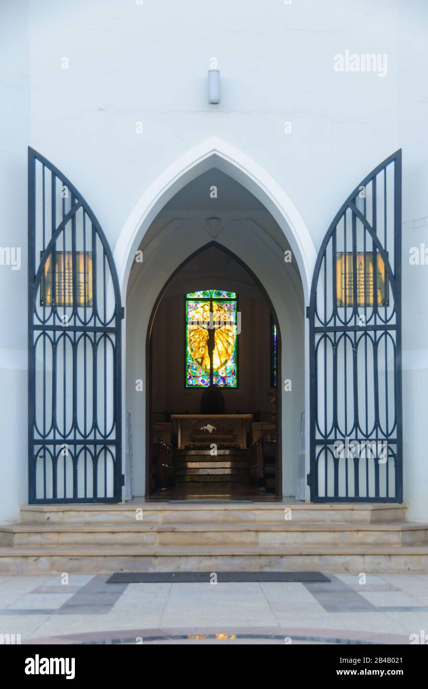 Country church door welcome open showing Silhouette jesus christ on ...