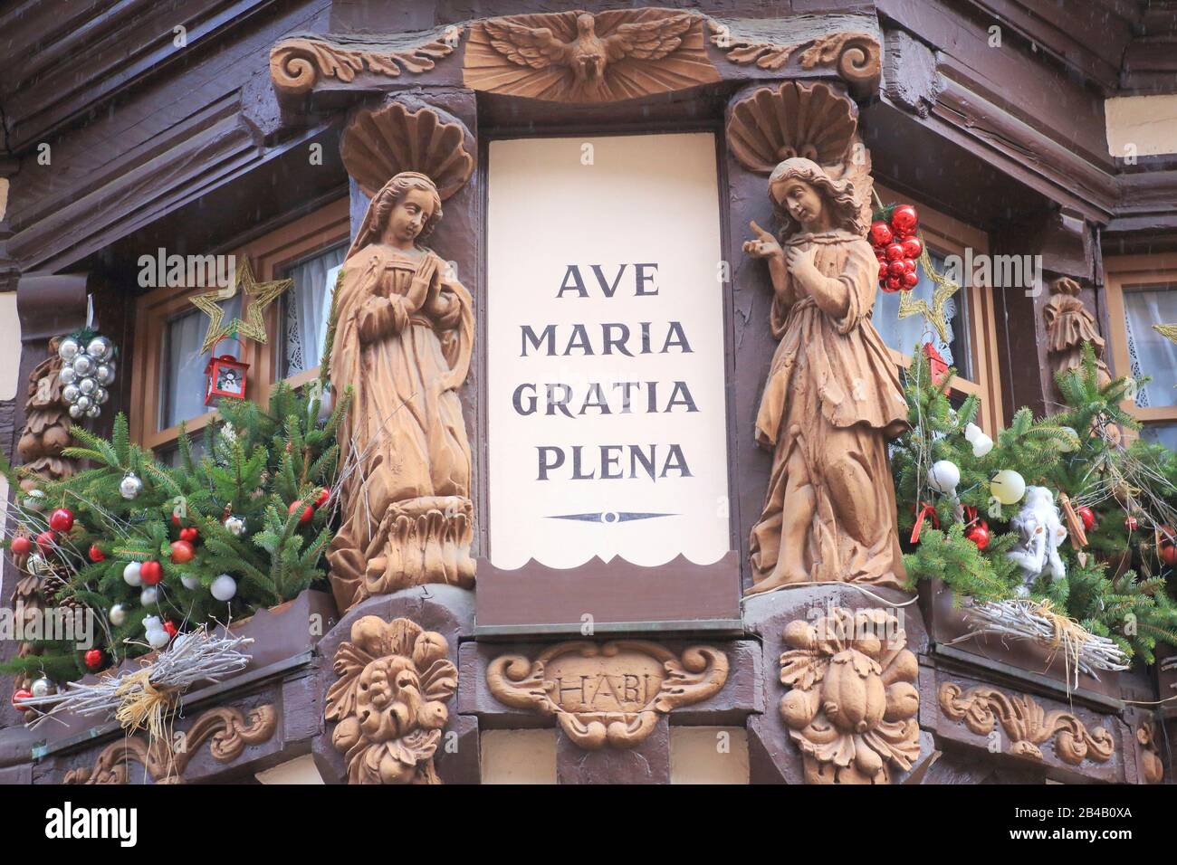 France, Haut Rhin, Ribeauville, facade of the half timbered house where ...