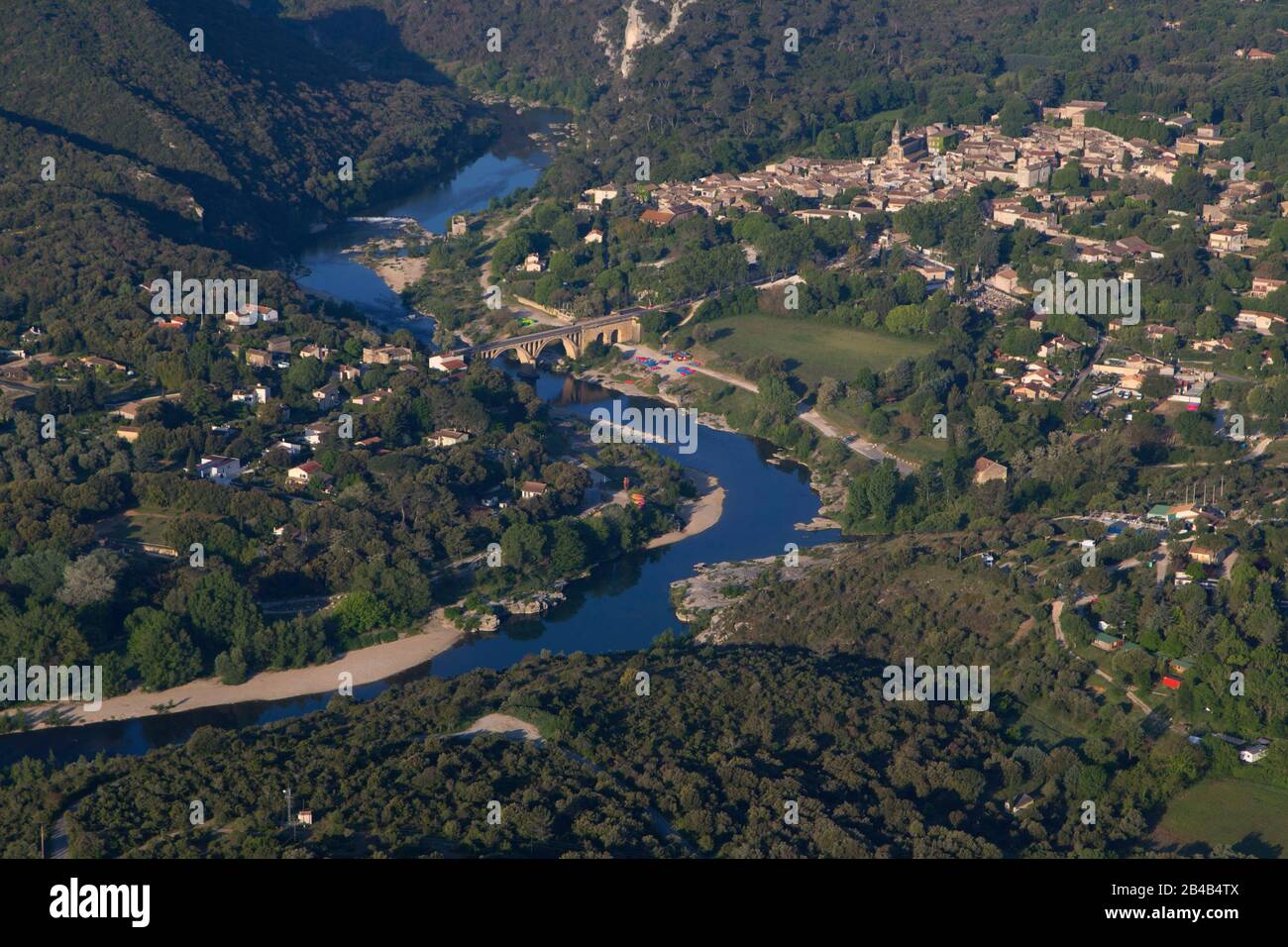 France, Gard, village of Collias and the gorges du Gardon (aerial view ...