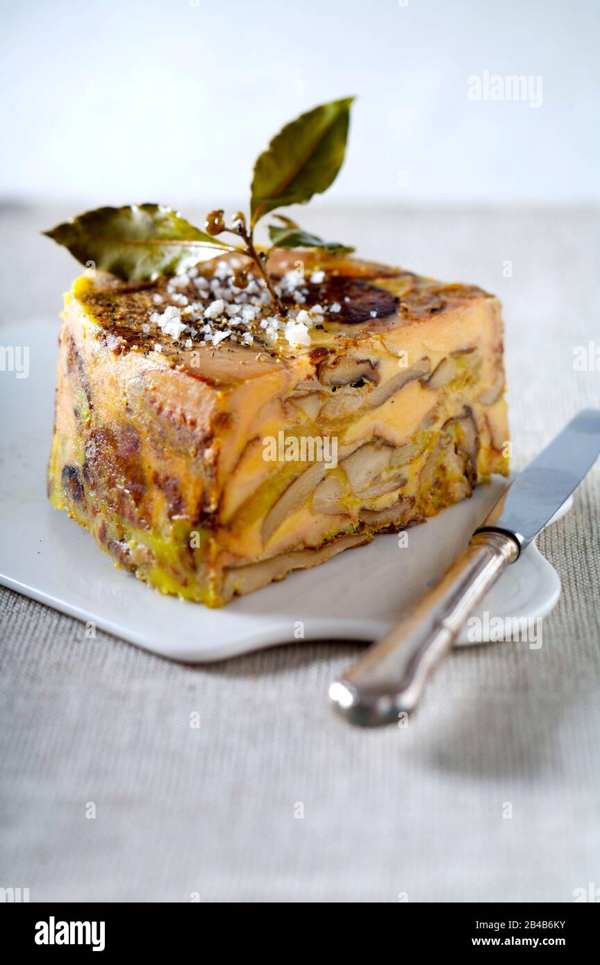 Pan-fried foie gras terrine with apple and porcini mushrooms Stock ...