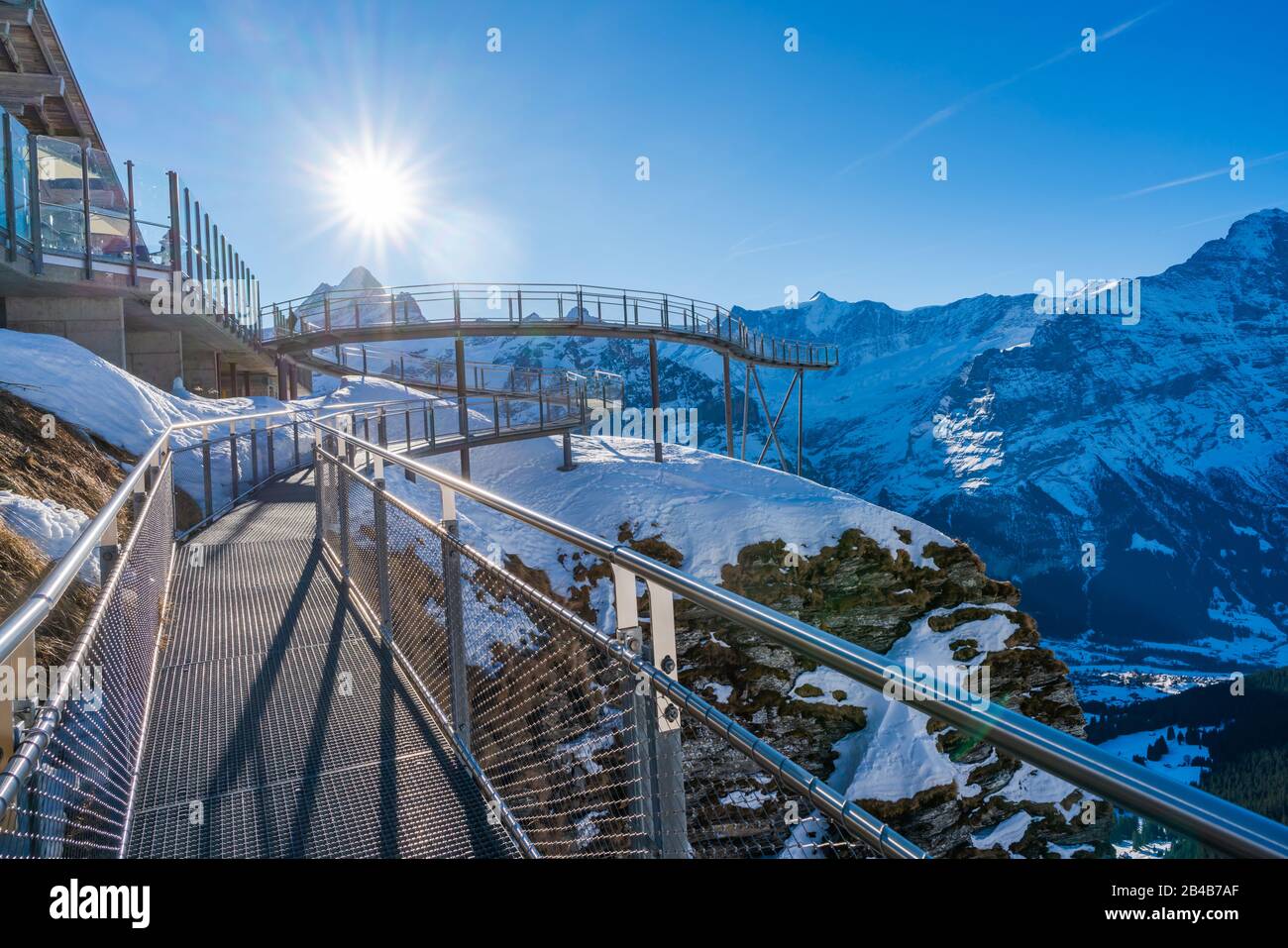 Metal bridge of the Cliff Walk on First mountain with spectacular view ...