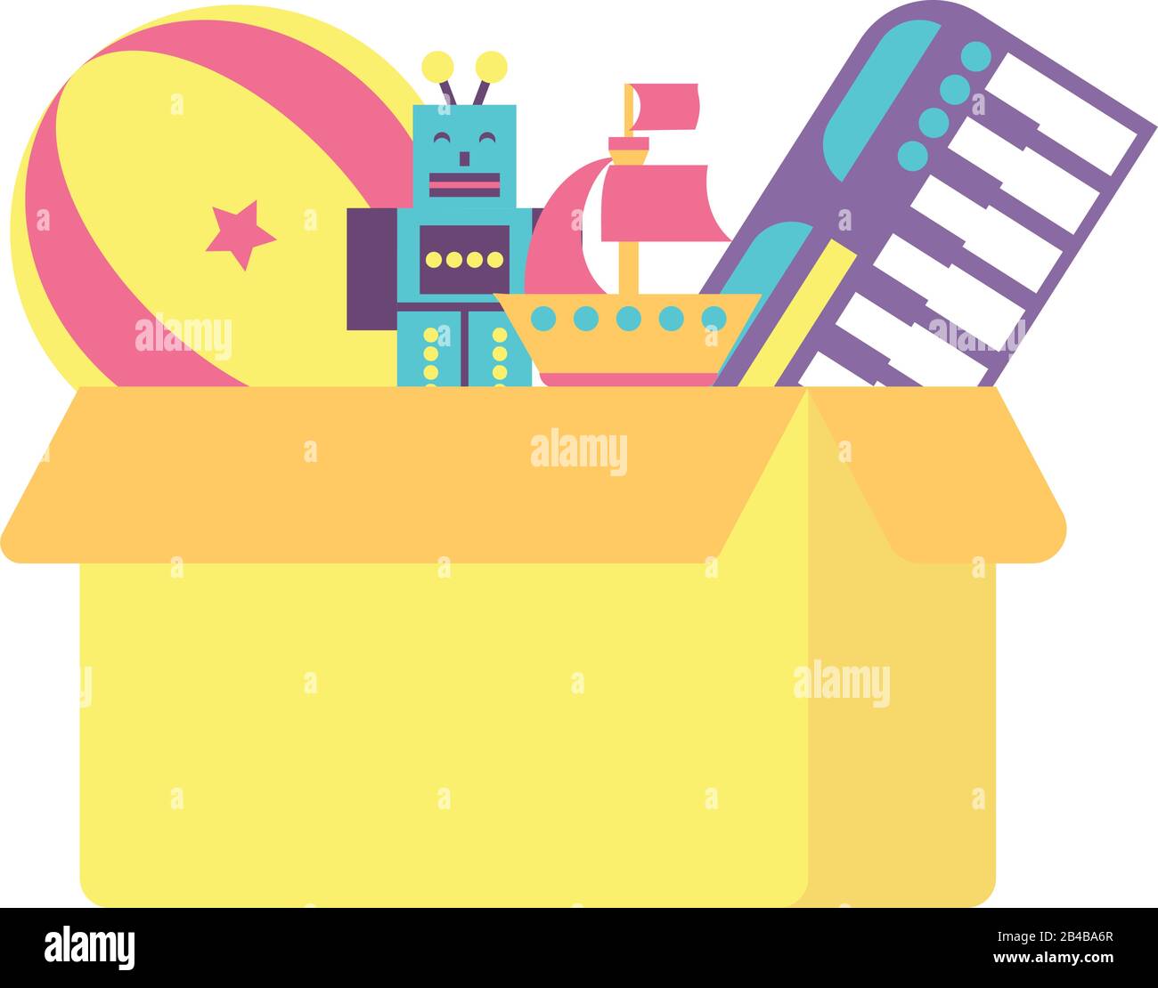 carton box with toys for small children, wooden and plastic toys vector ...