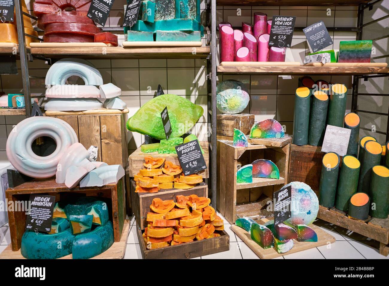 MILAN, ITALY - CIRCA NOVEMBER, 2017: goods on display at Lush store in ...