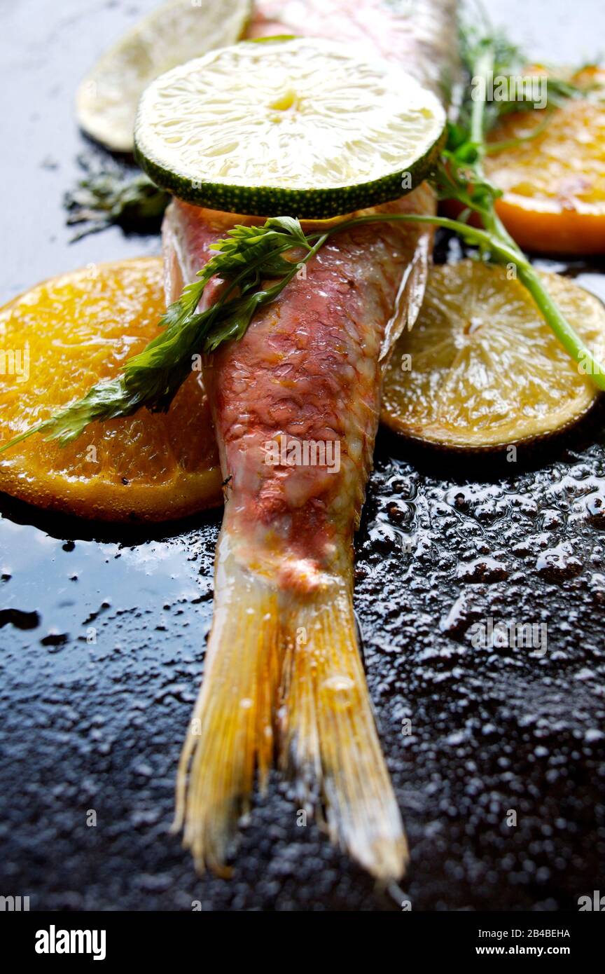 Grilled, red mullet marinated in citrus Stock Photo - Alamy