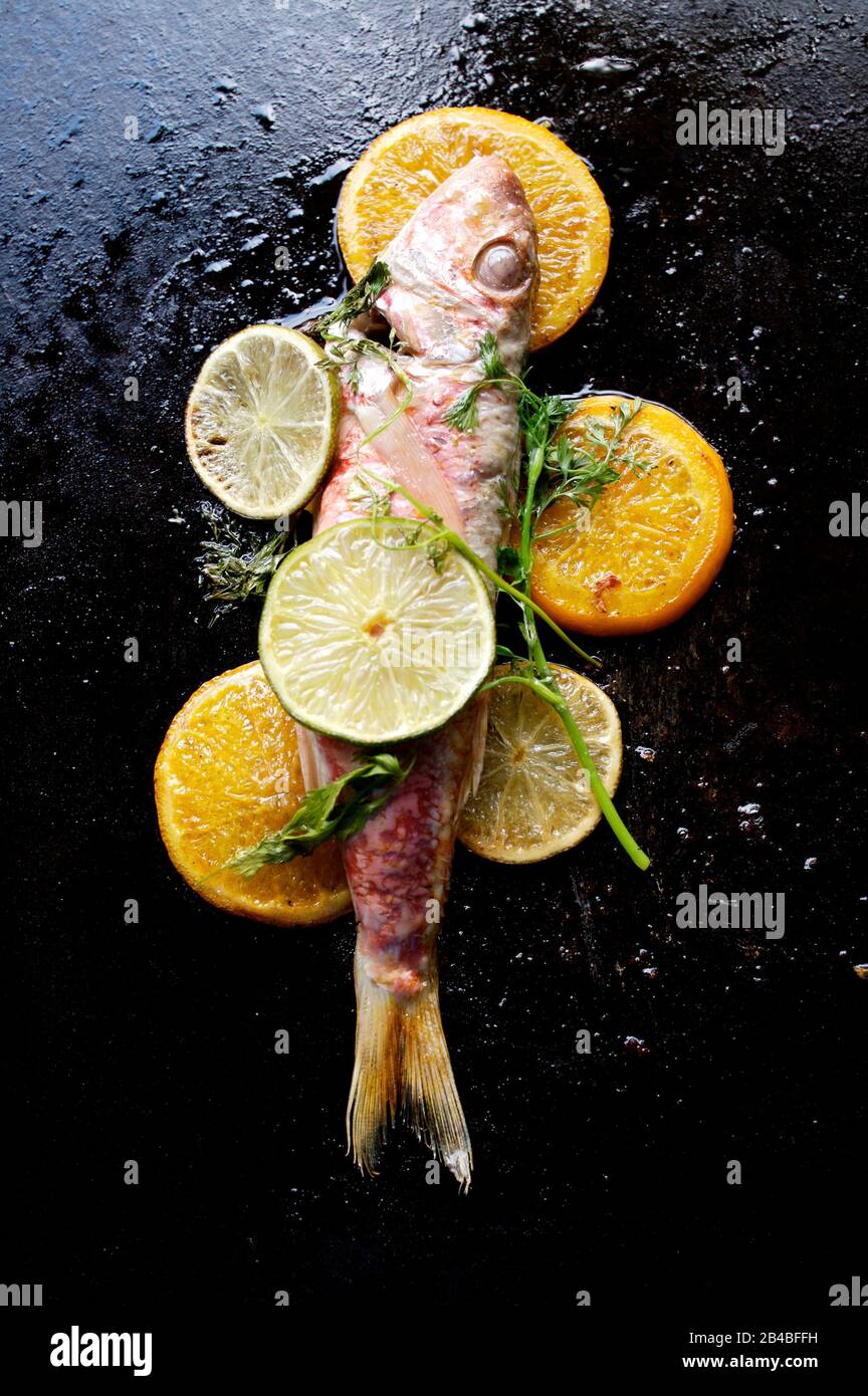 Grilled, red mullet marinated in citrus Stock Photo - Alamy