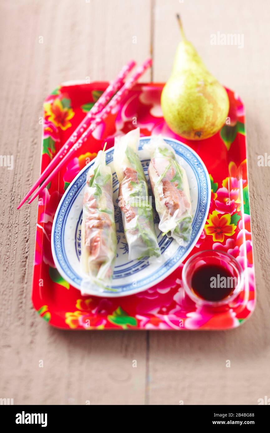 Beef pear spring rolls Stock Photo - Alamy