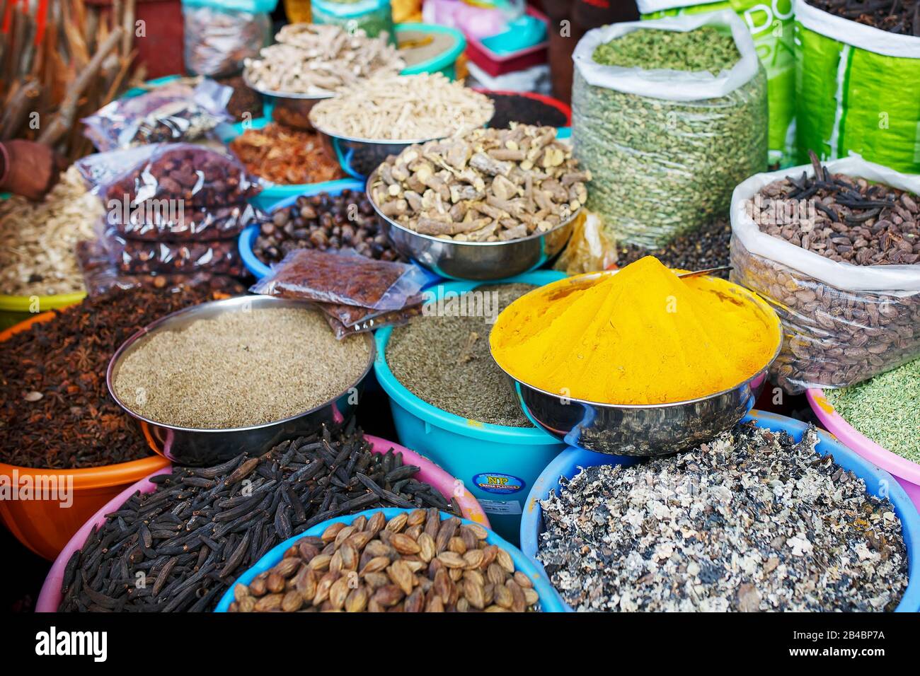 Indian colored spices at local market. A variety of spices of different ...
