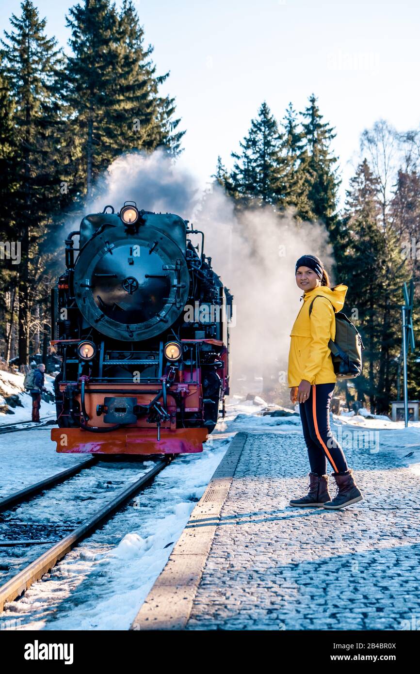 Harz national park Germany, historic steam train in the winter, Drei ...