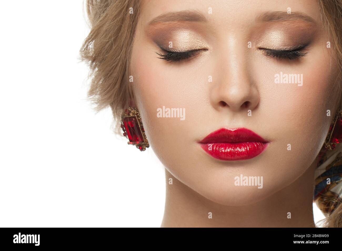 Beautiful female face close up portrait isolated. Eyes closed, beige ...